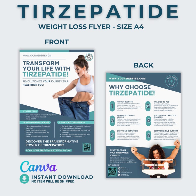 Weight Loss Printable Bundle Tirzepatide Flyer Canva Template ...