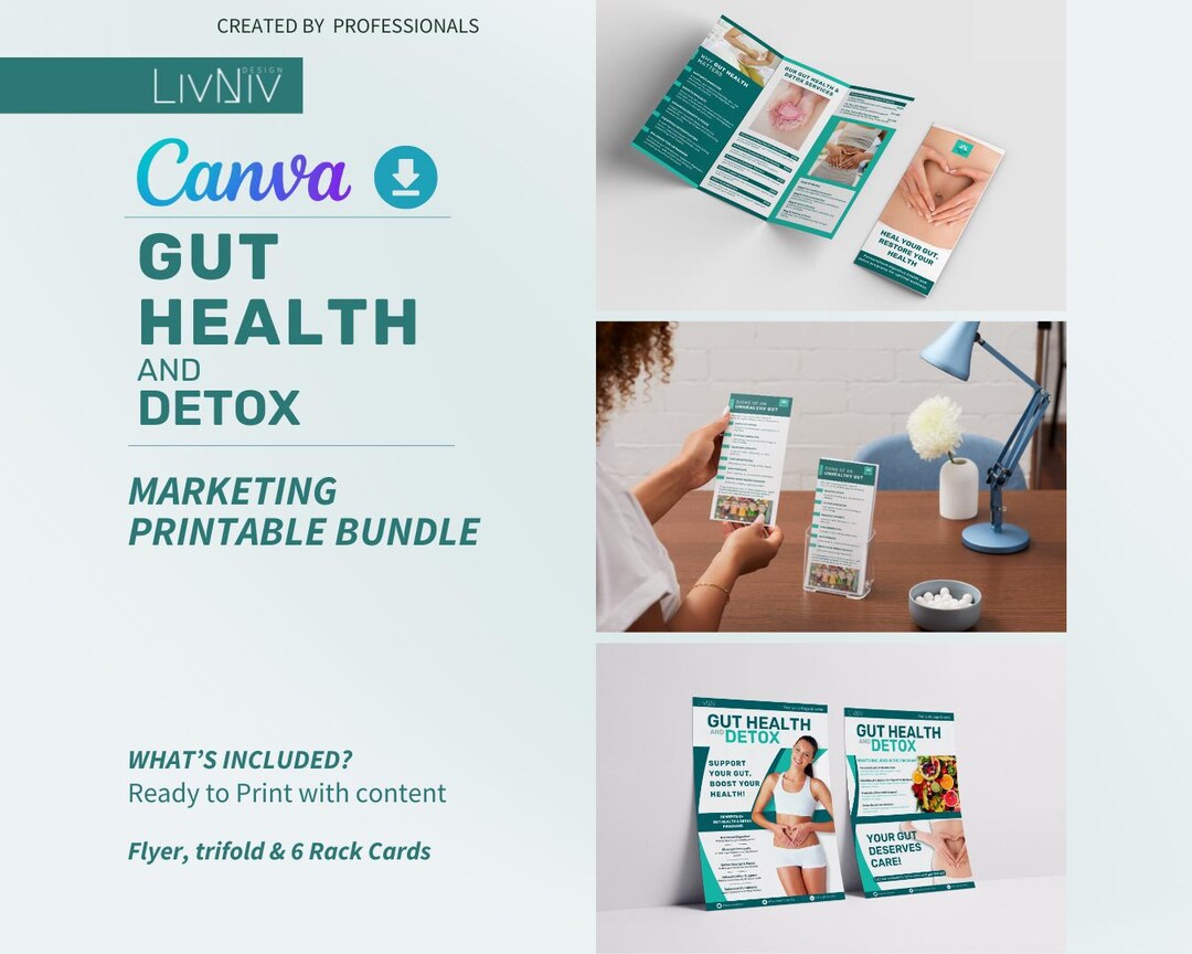 Gut Health & Detox Marketing Bundle Canva Editable Brochure, Rack Card ...