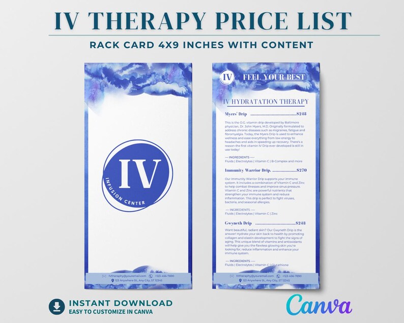 Drip Menu Rack Card Template IV Therapy Info Sheet Canva Iv Infusion ...
