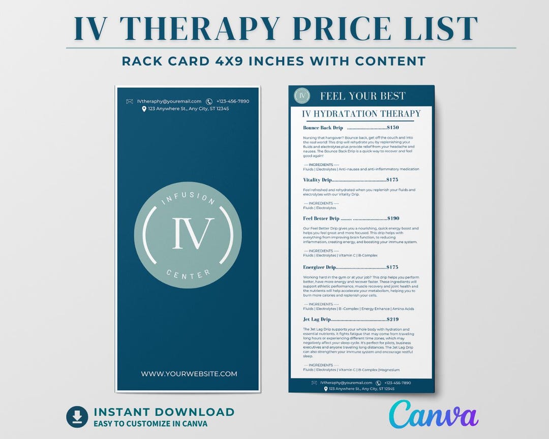 IV Therapy Price List Template IV Drip Treatment Menu Rack Card Canva ...