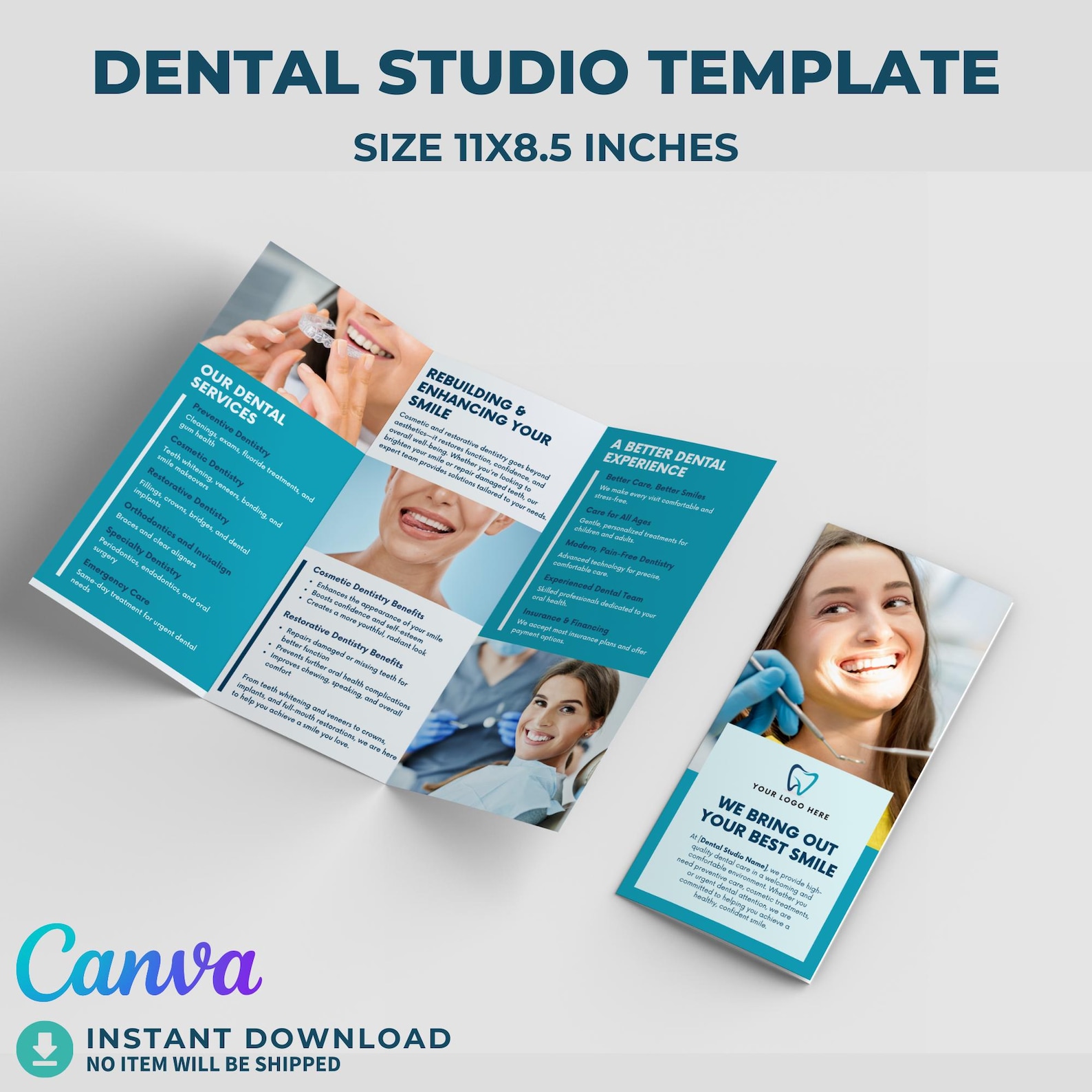 Dental Brochure Template for Dental Clinic Canva Editable Trifold ...