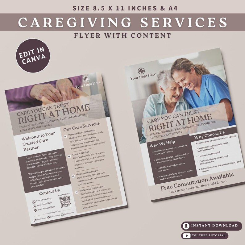 Home Care Flyer Template Caregiver Service Marketing Handout Senior ...