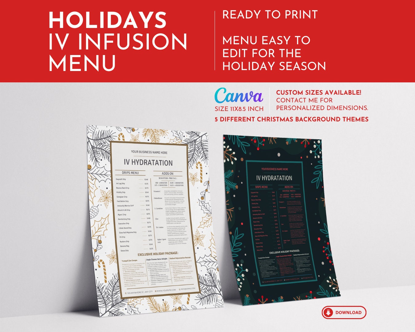 Editable Canva Template: Christmas Themed IV Vitamin Therapy Menu Iv ...