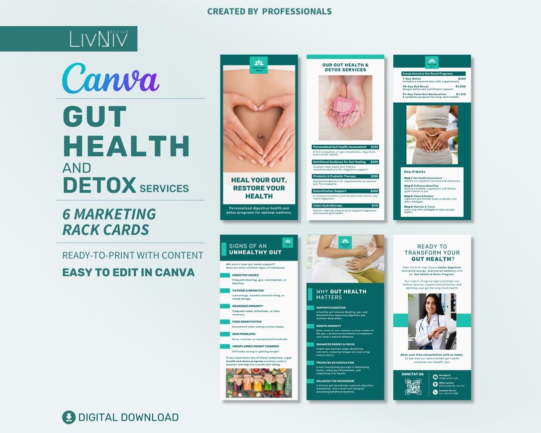 Gut Health & Detox Rack Cards | Canva Editable Marketing Templates ...
