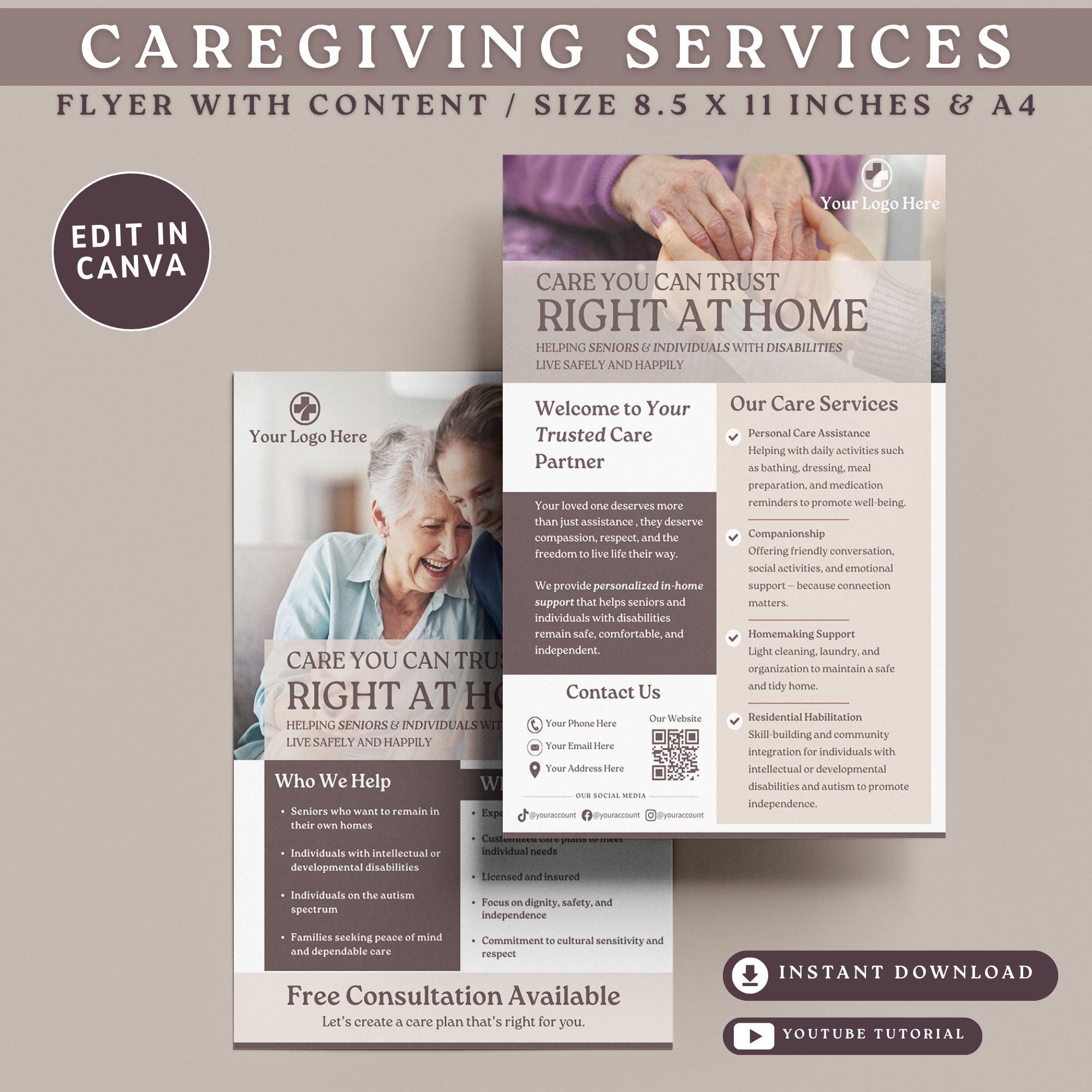 Home Care Flyer Template Caregiver Service Marketing Handout Senior ...