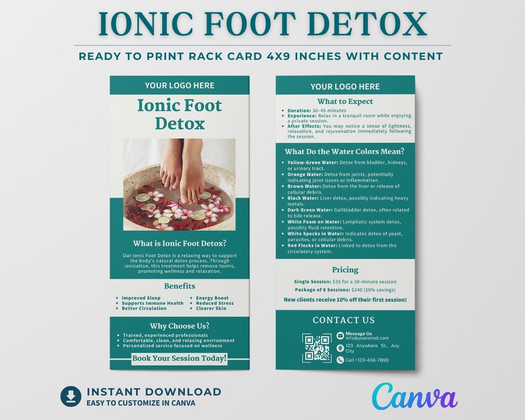 Ionic Foot Detox Rack Card Template Editable Canva Design Natural Detox ...