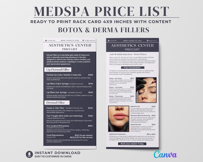 Medspa Price List Template Botox Rack Card Derma Fillers Canva Editable ...