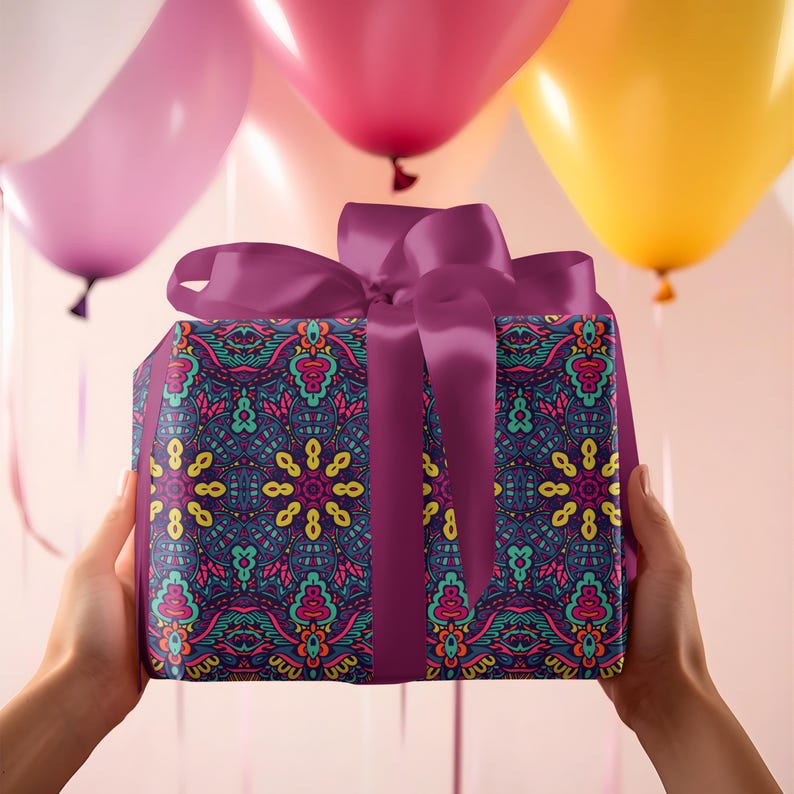 Boho Wrapping Paper Roll | Colorful Ethnic Tribal Gift Wrap | Premium ...