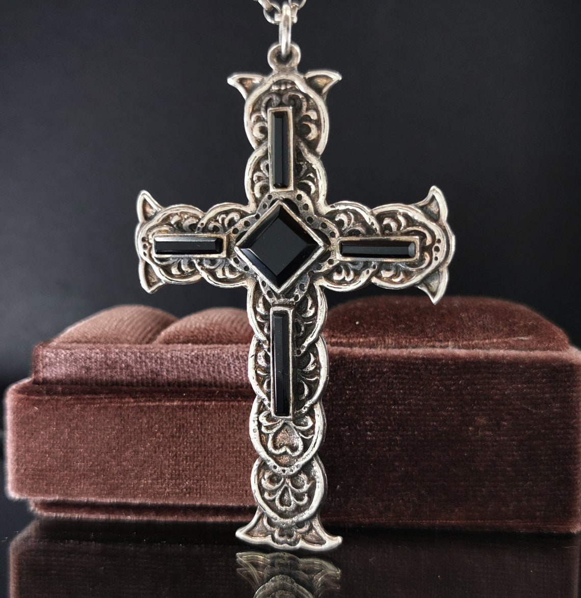 Solid Silver Cross Black Stone Crucifix Pendant Necklace - Etsy