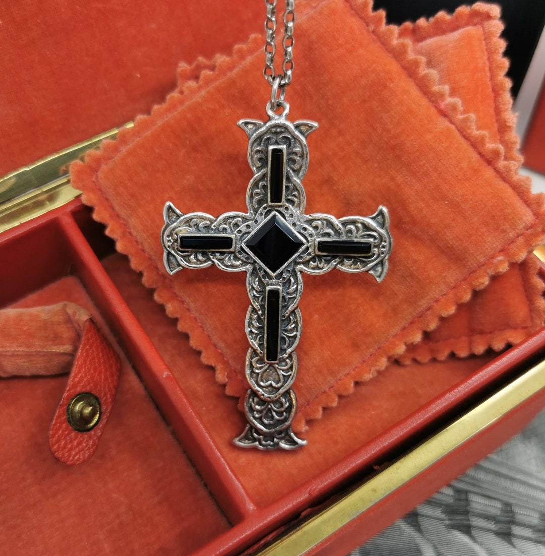 Solid Silver Cross Black Stone Crucifix Pendant Necklace - Etsy