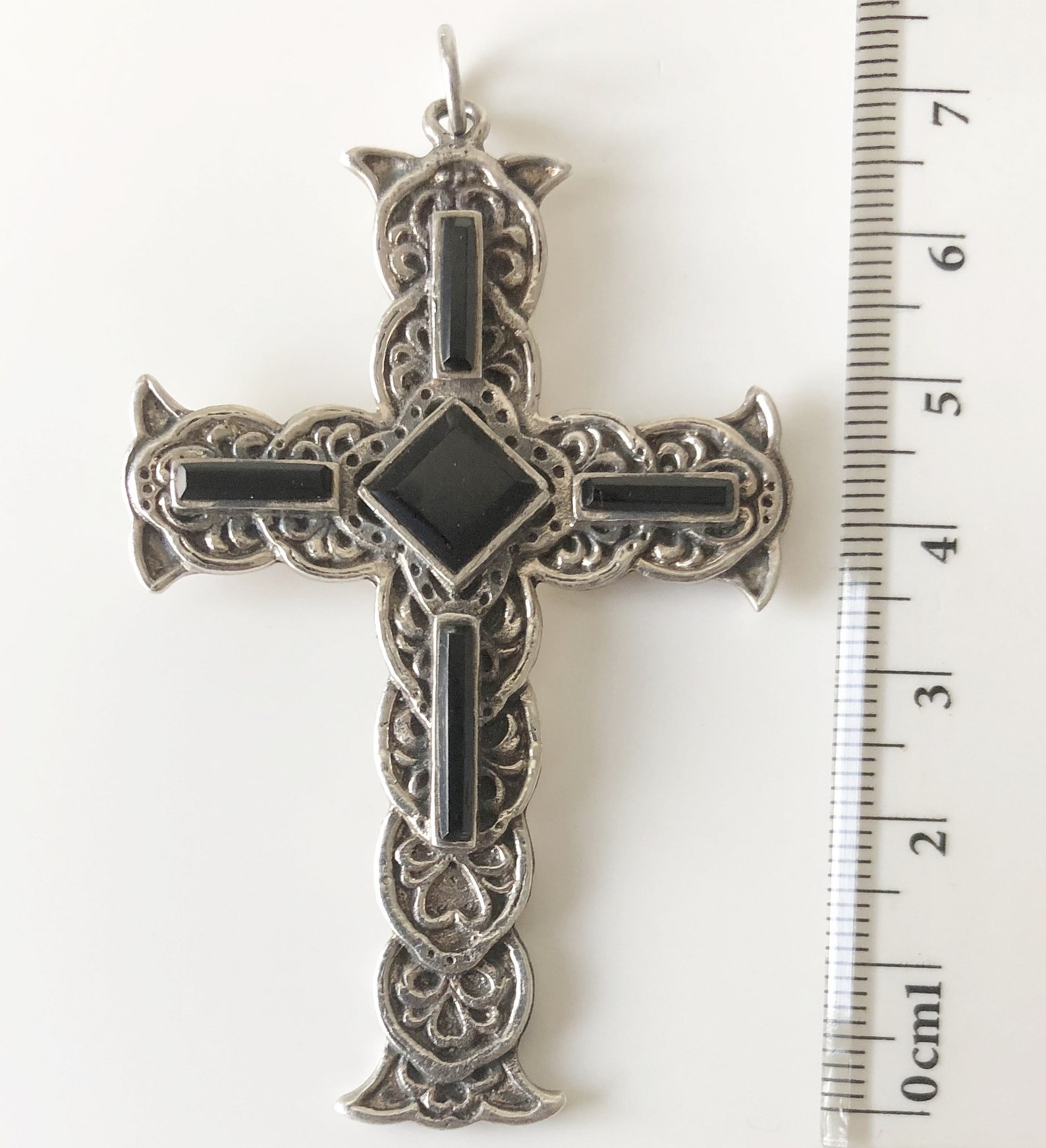 Solid Silver Cross Black Stone Crucifix Pendant Necklace - Etsy