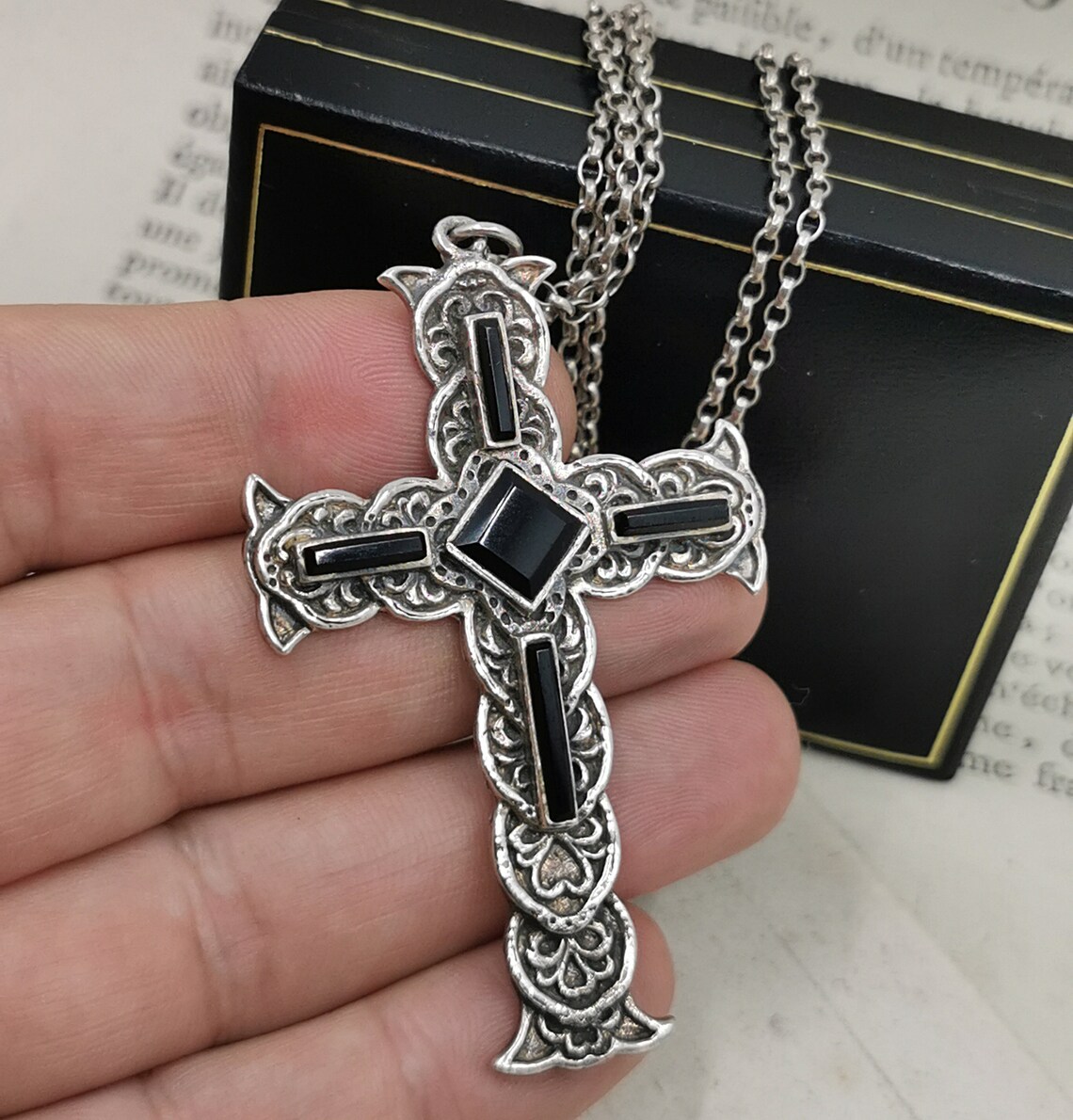 Solid Silver Cross Black Stone Crucifix Pendant Necklace - Etsy