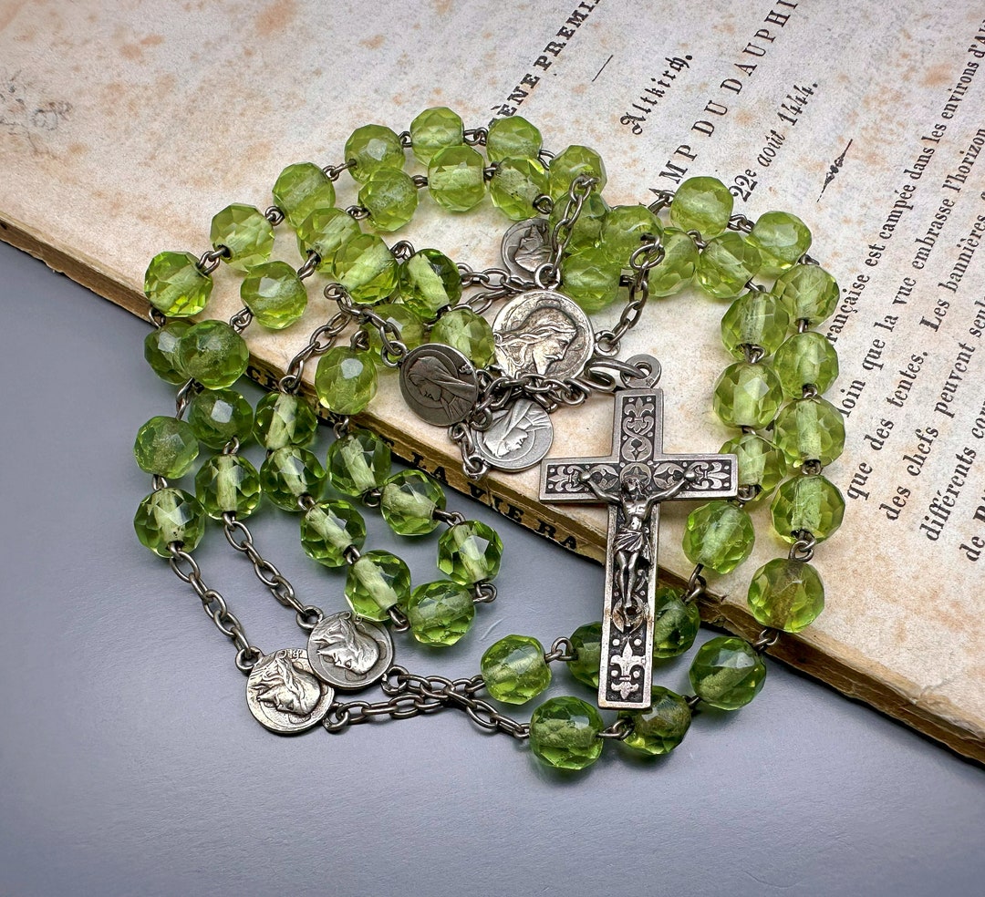 Antique French Rosary, Green Glass Faceted Rosary, Catholic Beads ...
