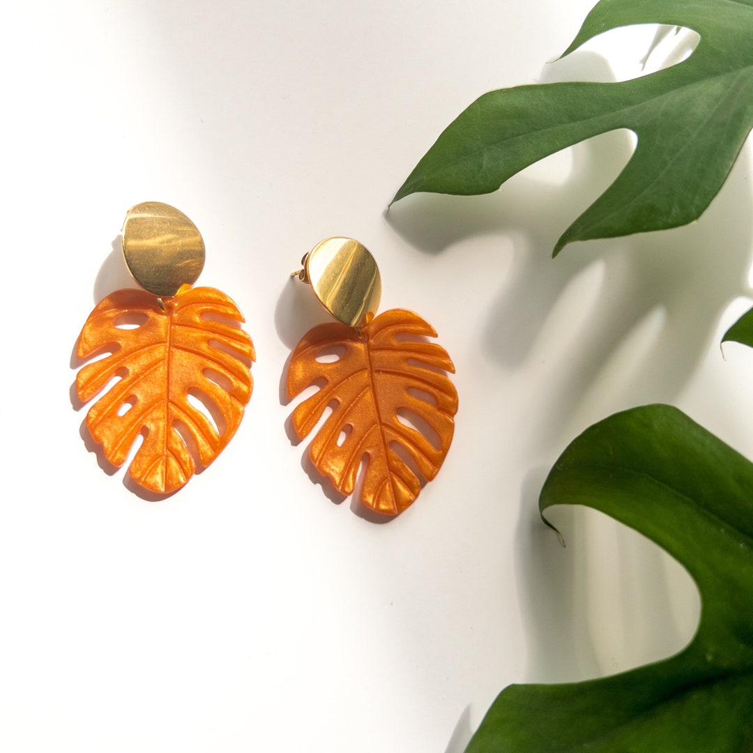 Large Burnt Orange Monstera Resin Statement Earrings / Orange Earrings ...