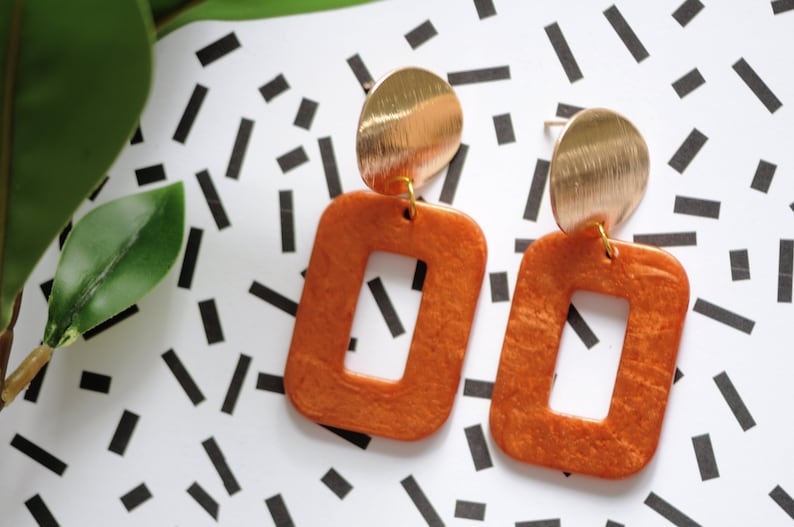 Burnt Orange Resin Earrings: 60s Retro Rectangle Statement Earrings - Etsy