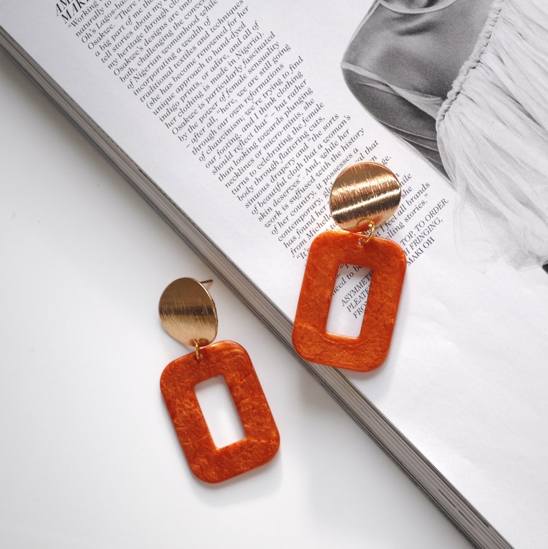 Burnt Orange Resin Earrings: 60s Retro Rectangle Statement Earrings - Etsy