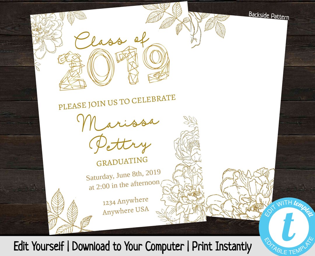 Printable Graduation Invitation, Floral Graduation Announcement, Gold ...