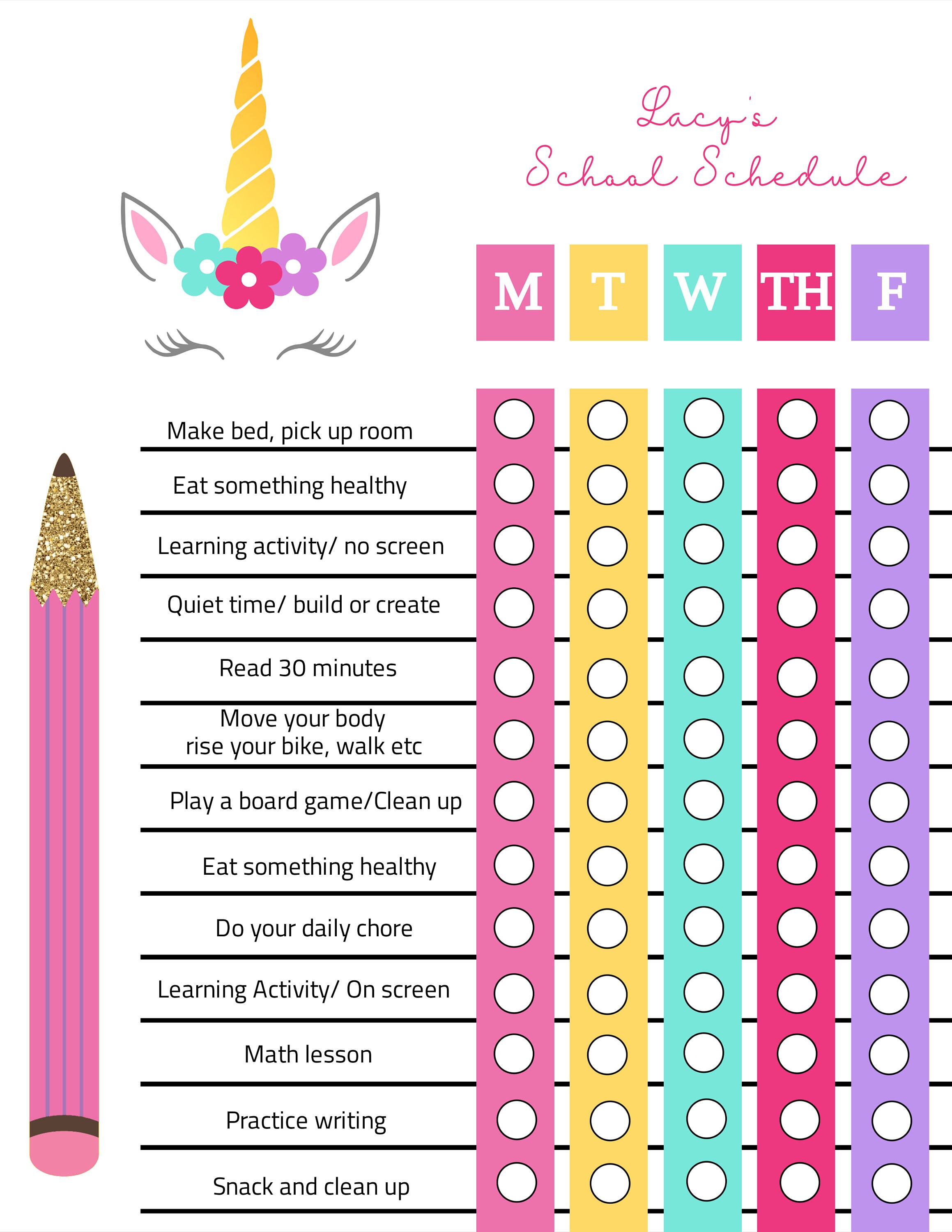 Unicorn Homechool Schedule, Back to School, Distance Learning Chart ...