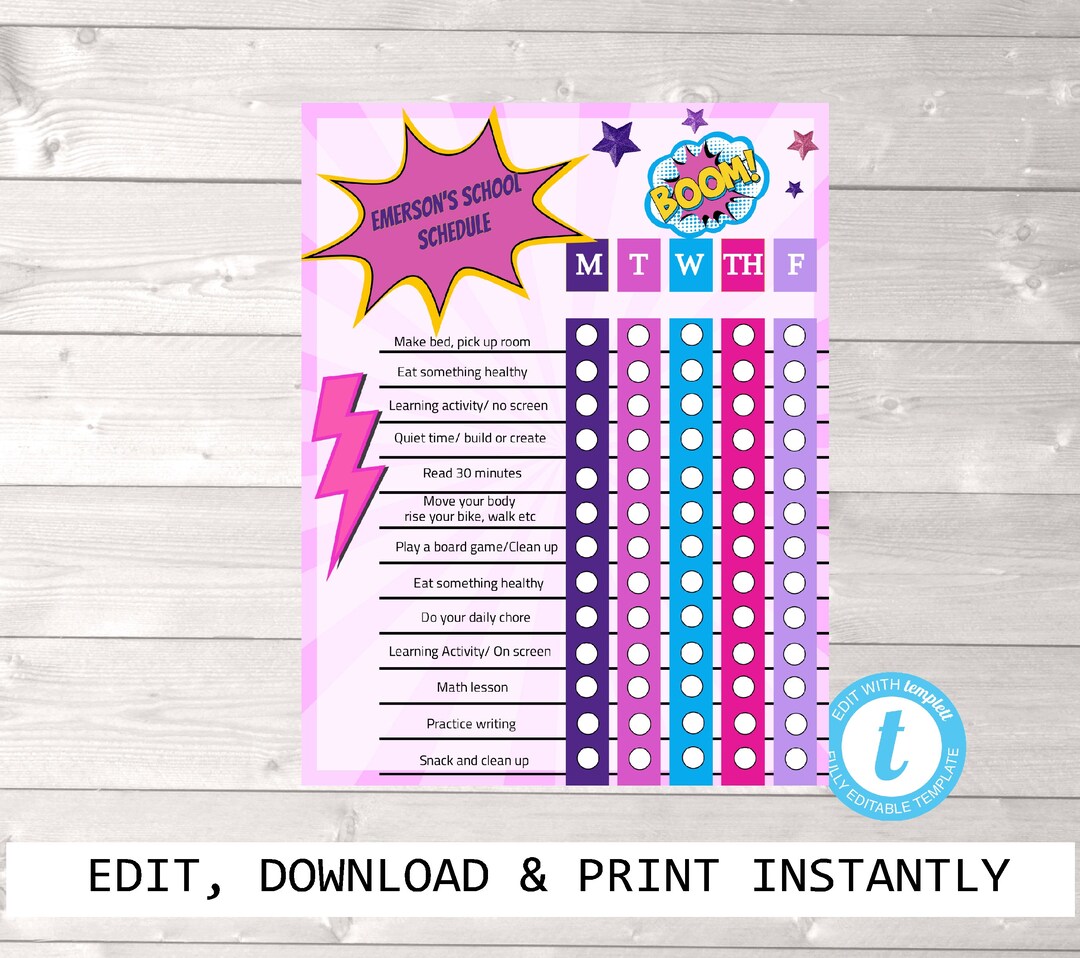 Superhero Homechool Schedule, Back to School, Distance Learning Chart ...