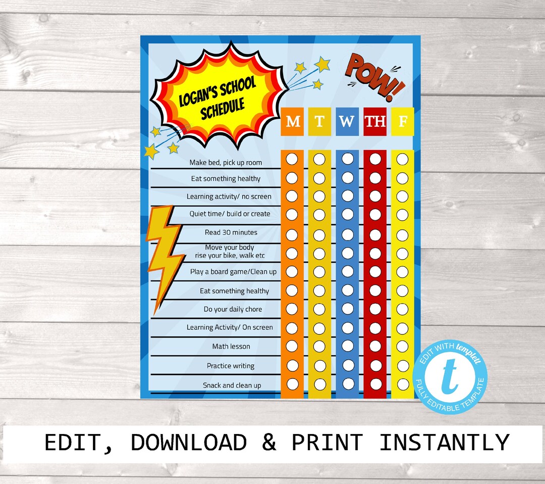 Superhero Homechool Schedule, Back to School, Distance Learning Chart ...