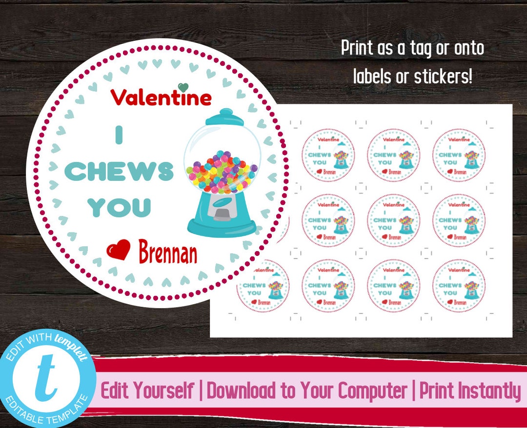 I Chews You Valentine's Day Tags, Bubblegum Valentine Sticker ...