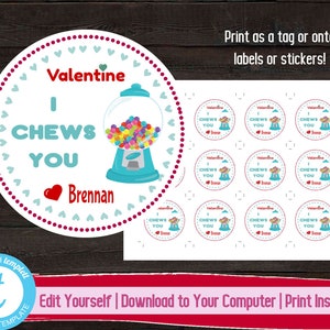 I Chews You Valentine's Day Tags, Bubblegum Valentine Sticker ...