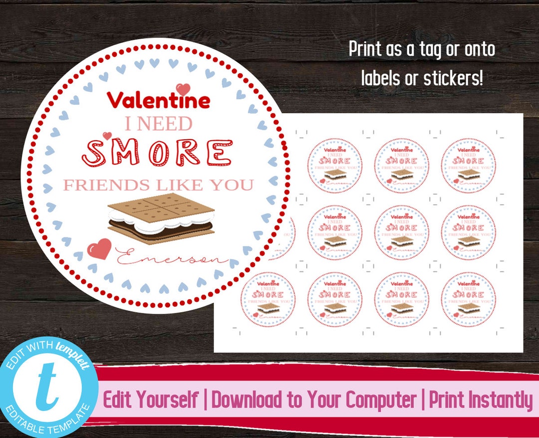 S'more Valentine's Day Label, Printable Valentine Sticker, Valentines ...