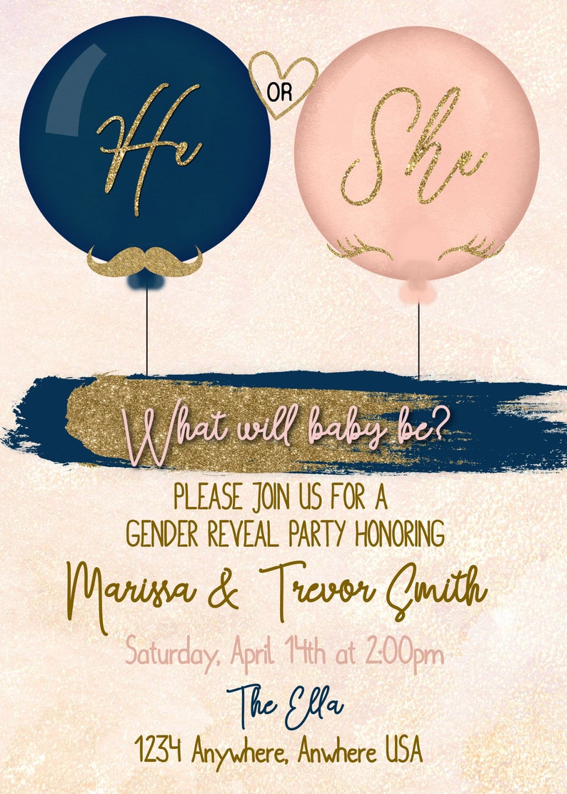 Gender Reveal Invitation Blush Pink And Navy Blue He Or She Etsy