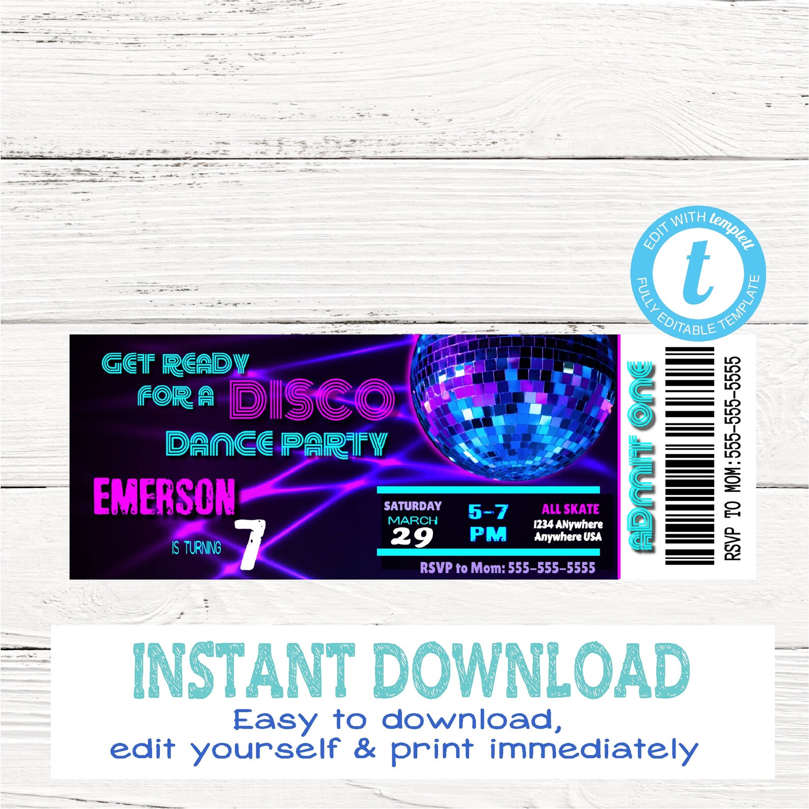 NEON DISCO Ticket Invitation Edit Yourself VIP Disco Dance - Etsy Australia