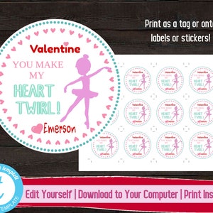 Ballerina Valentine's Day Tags, You Make My Heart Twirl Valentine ...