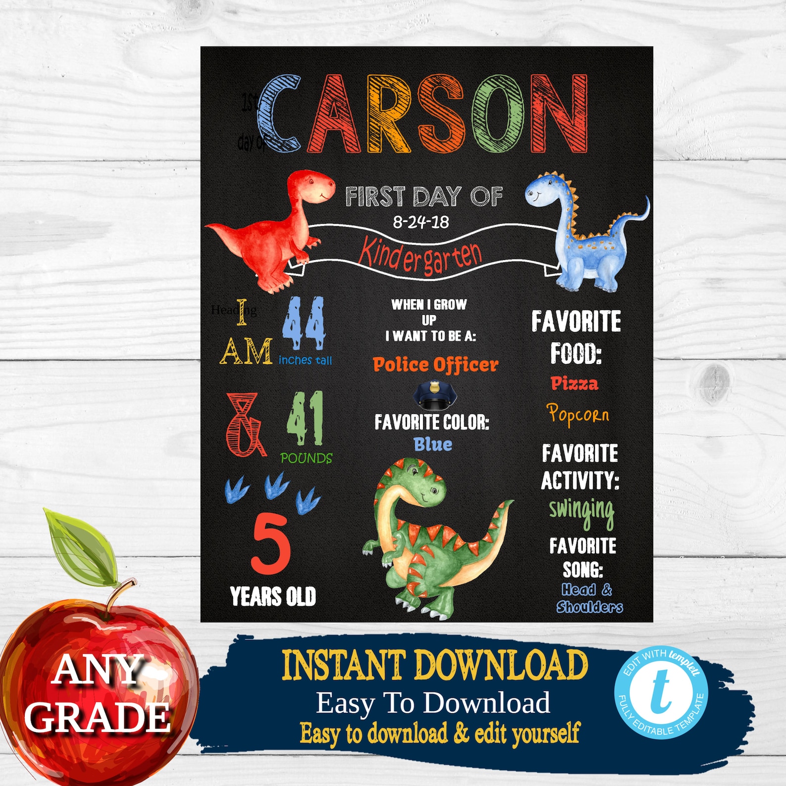 Dinosaur First Day of School Sign, Back to School Printable Chalkboard ...