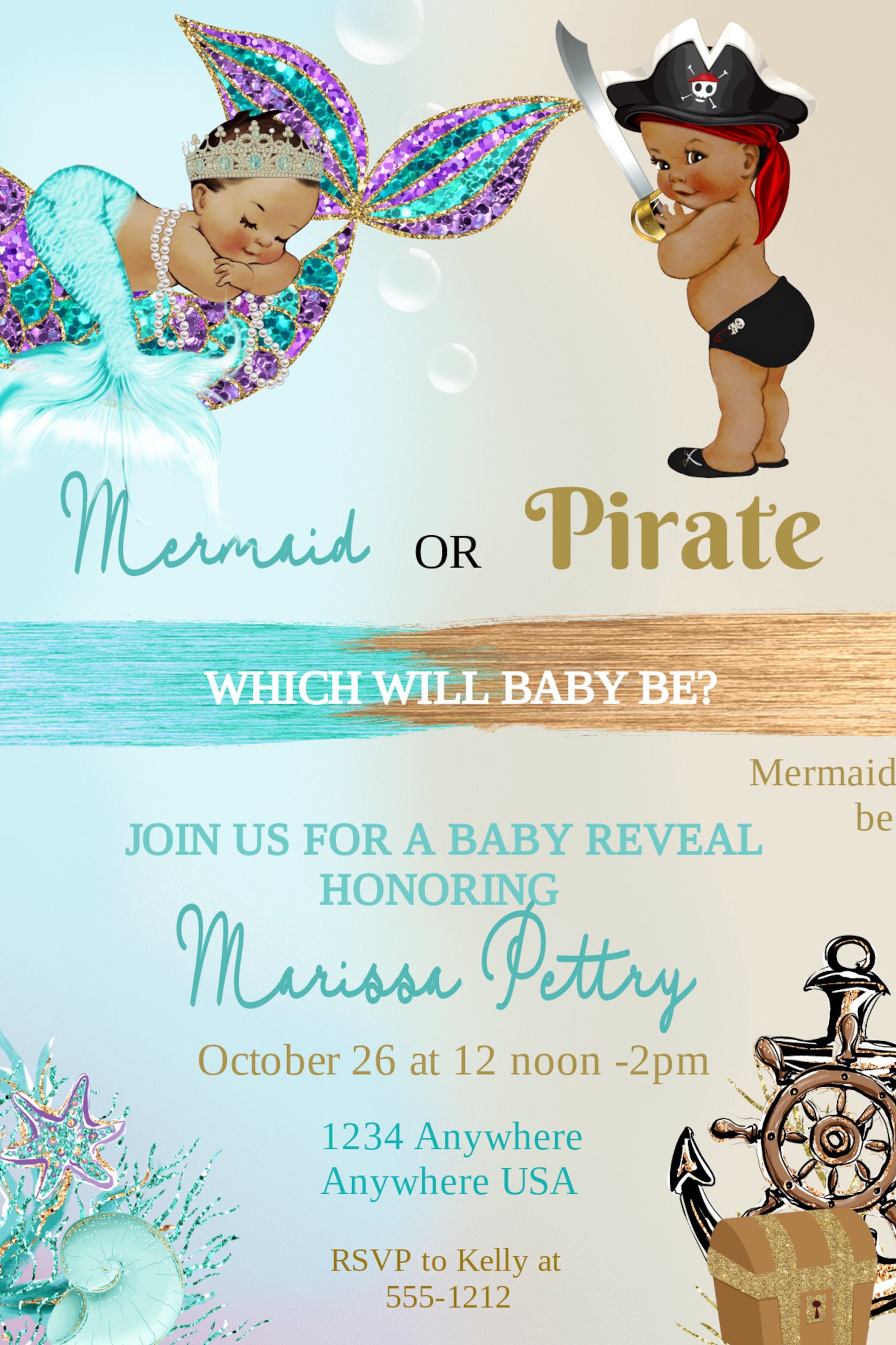 Gender Reveal Invitation Mermaid or Pirate African American | Etsy
