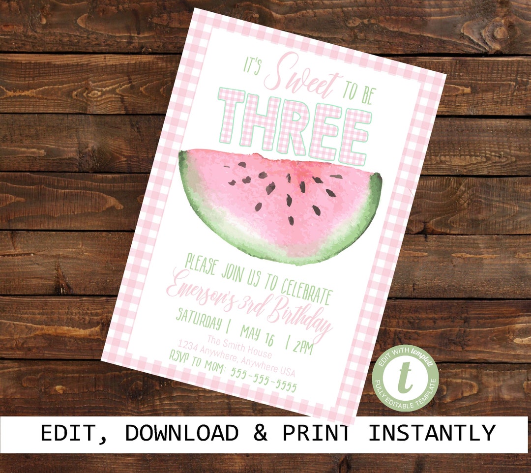 Watermelon Invitation, Watermelon Birthday Invite, Sweet to Be Three ...