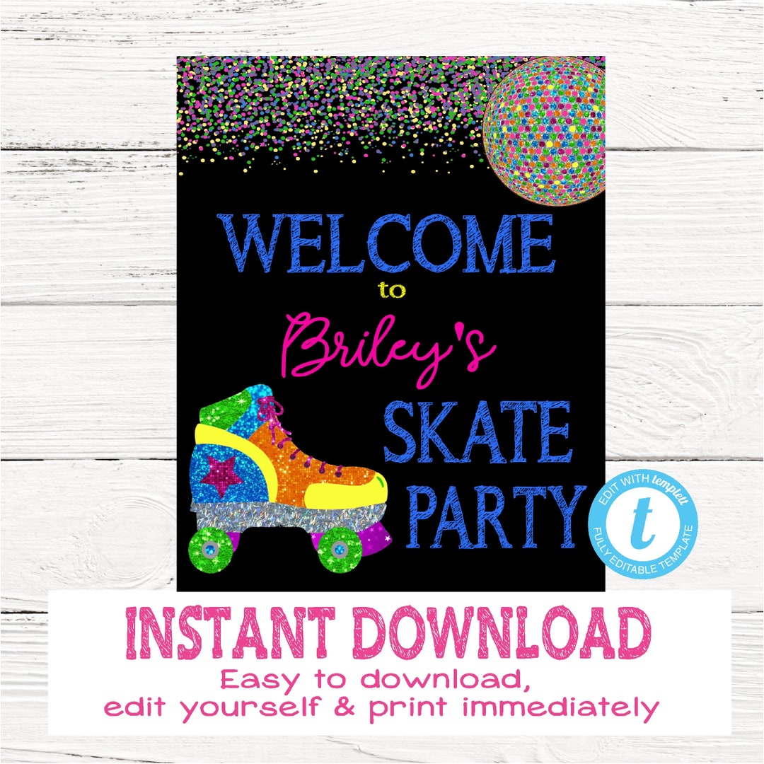 NEON Roller Skating Birthday Sign| Edit Yourself 80's Skate Welcome ...
