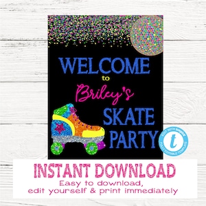 NEON Roller Skating Birthday Sign| Edit Yourself 80's Skate Welcome ...
