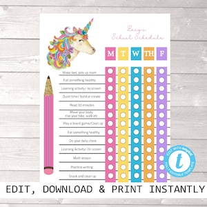 Unicorn Homechool Schedule, Back to School, Distance Learning Chart ...