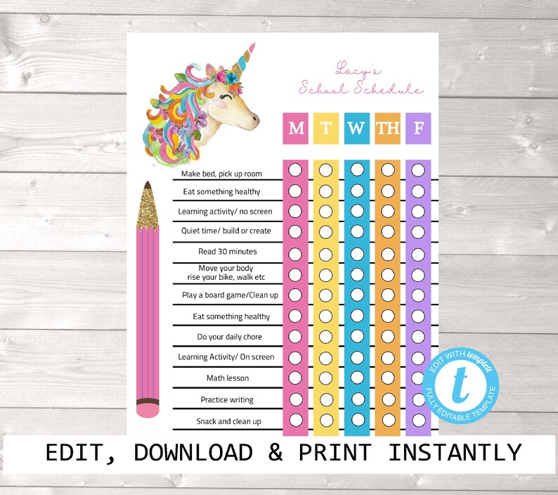 Unicorn Homechool Schedule Back to School Distance Learning - Etsy