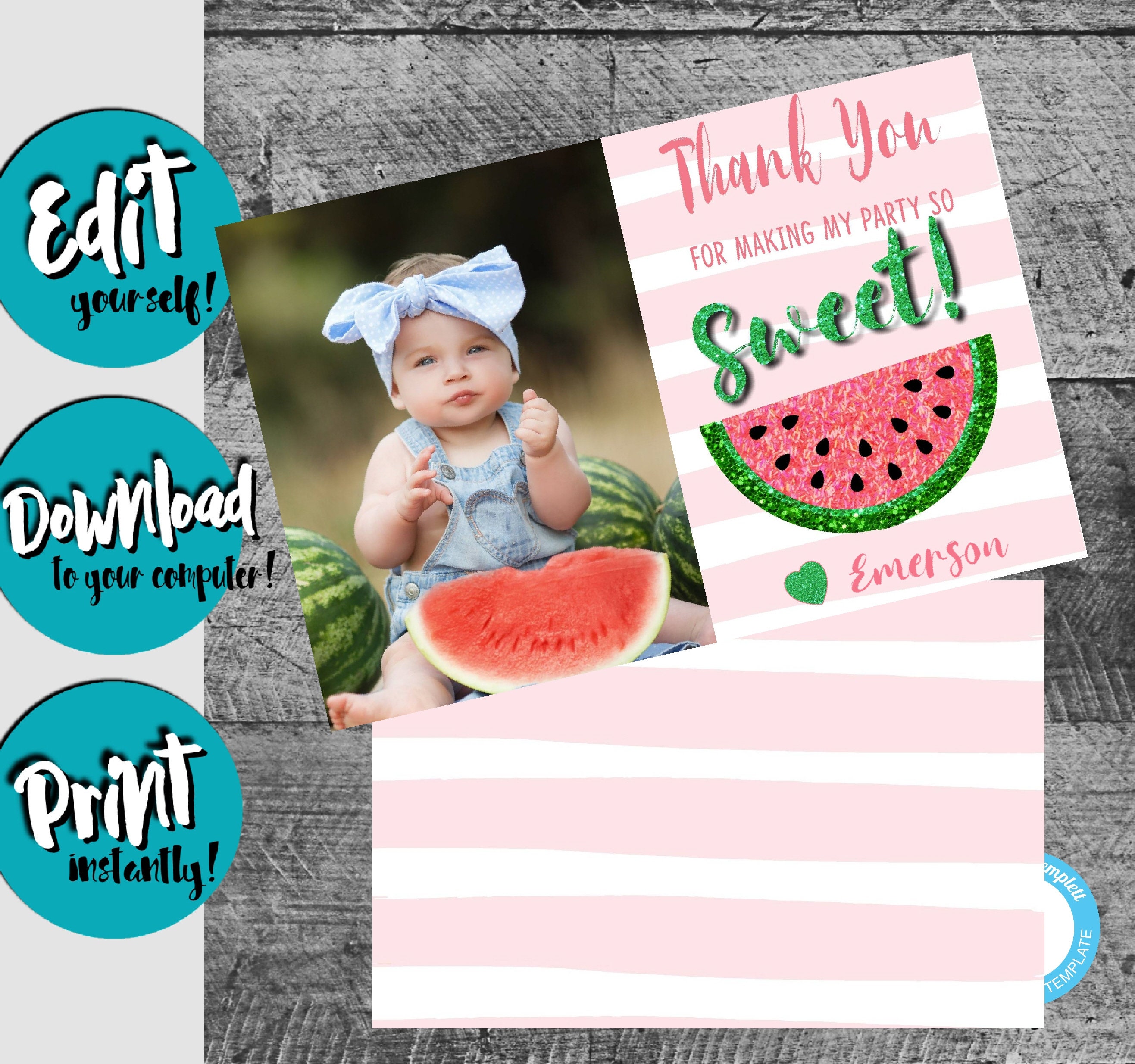 Watermelon Thank You Card Watermelon Picture Birthday Thank | Etsy