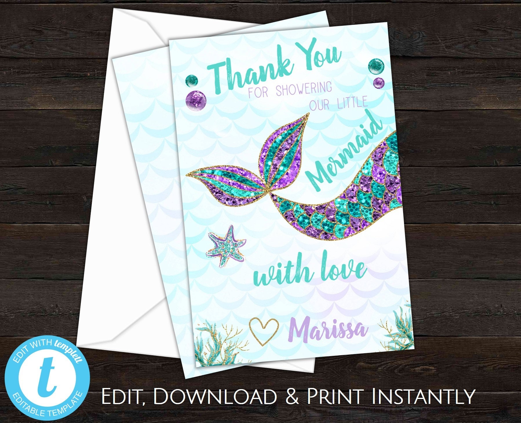 Mermaid Thank You Cards, Mermaid Party, Baby Shower Thank You Cards ...