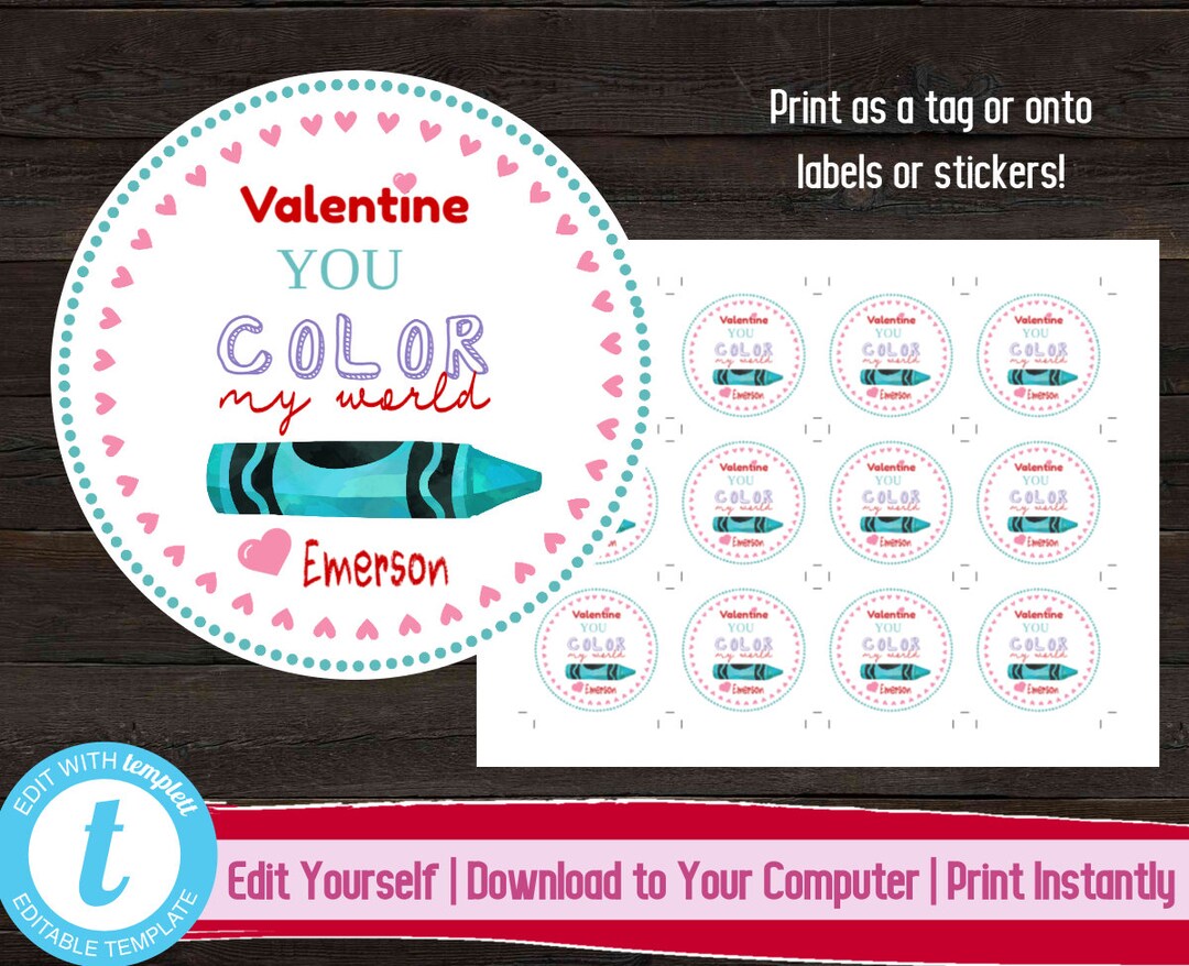 Editable Valentine's Day Tag, Kids Valentines Day Stickers, Crayon ...