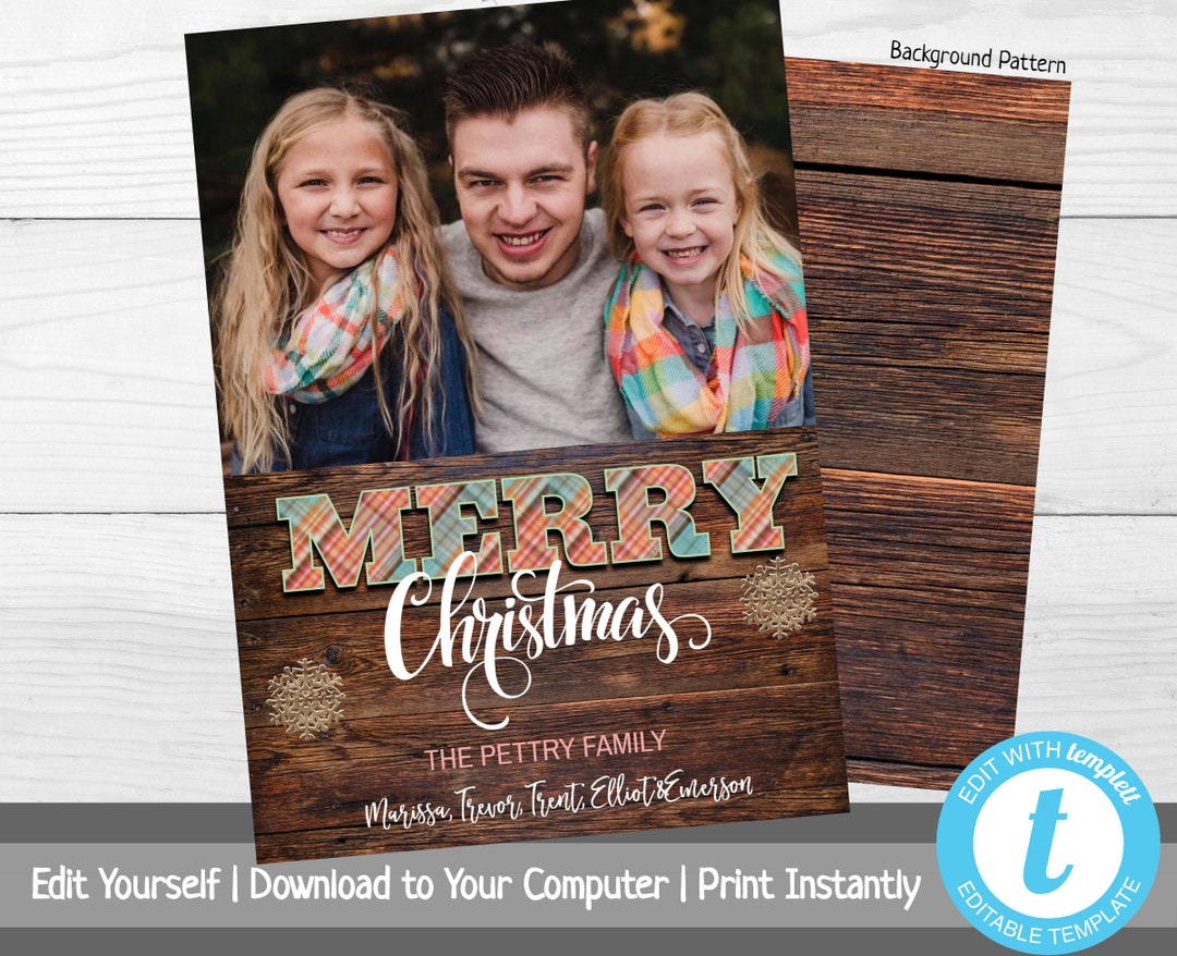 Rustic Christmas Card With Photo, Photo Christmas Card Template, Plaid ...