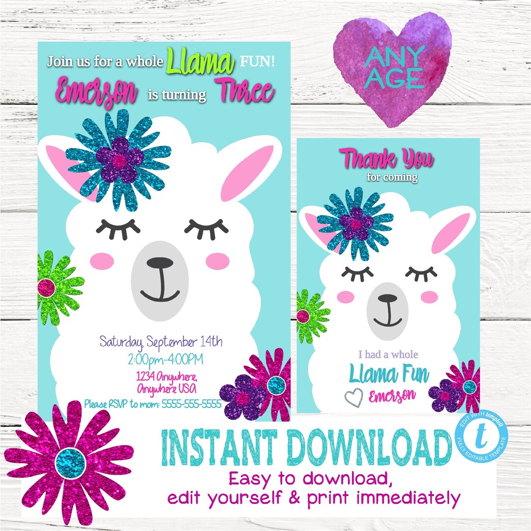 INVITACIÓN DE CUMPLEAÑOS DE LLAMA, Invitación fiesta Llama Gracias ...