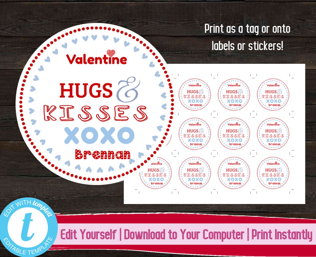 Valentine's Day Chocolate Hugs and Kisses Gift Tag, Printable Valentine ...