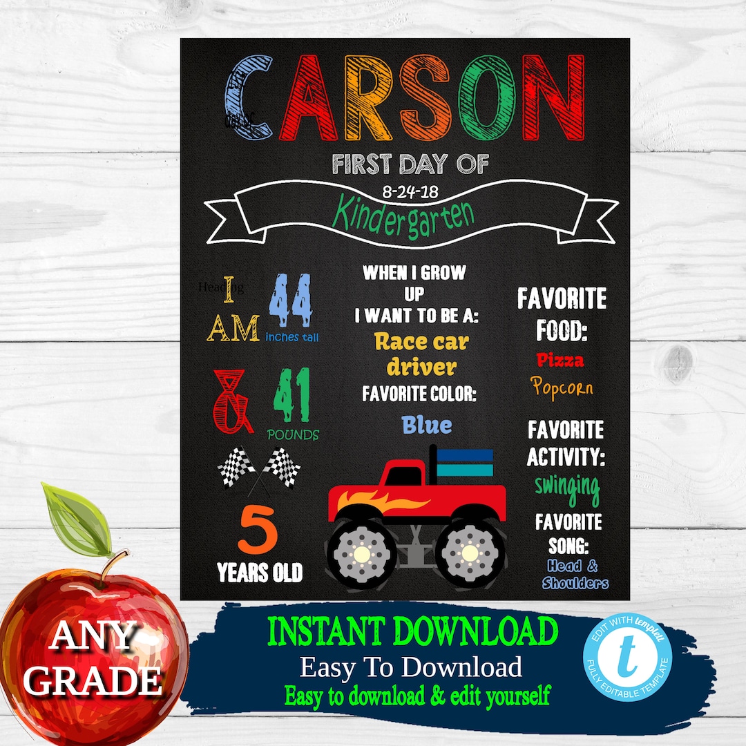 Monster Truck First Day of School Sign, Back to School Printable ...