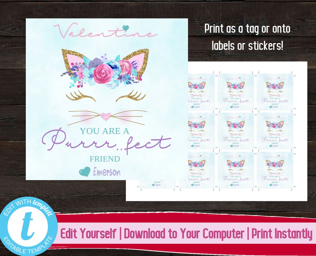 Kitten Kids Valentine's Day Tag, Cat Valentines Day Stickers, Glitter ...