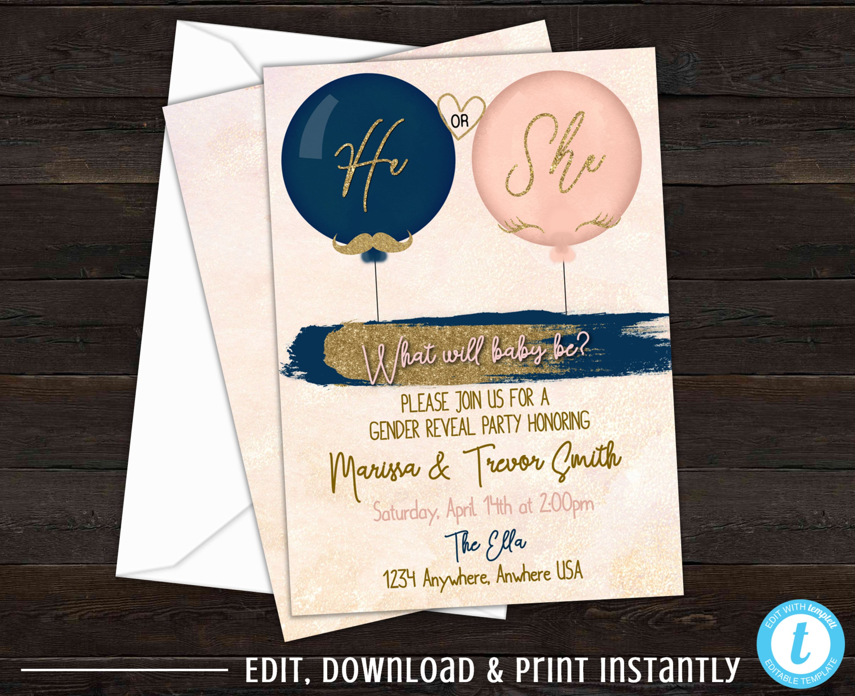 Gender Reveal Invitation Blush Pink And Navy Blue He Or She Etsy