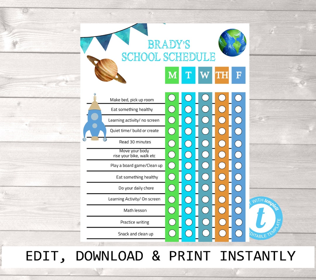 Outerspace Homechool Schedule, Back to School, Distance Learning Chart ...