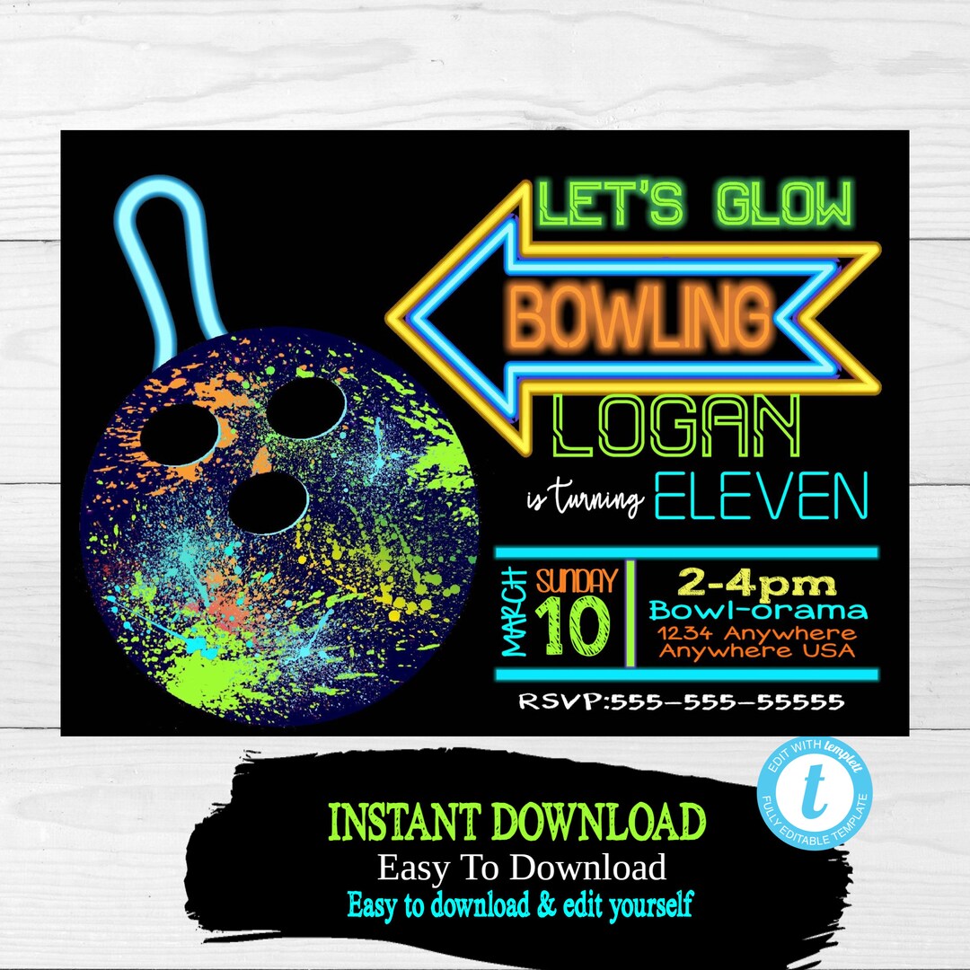 Neon Bowling Invitation | Edit Yourself Bowling Invite, Glow Bowling ...