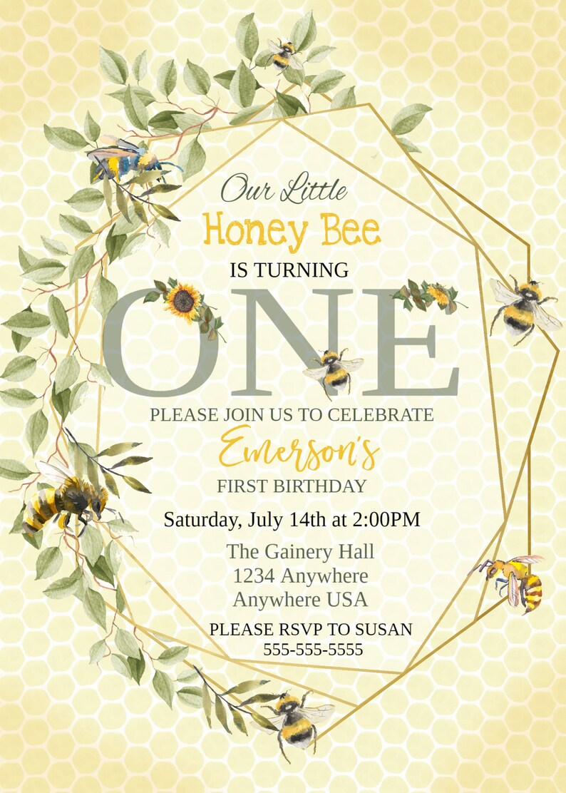 Bee Birthday Invitation Greenery Birthday Invitatio | Etsy