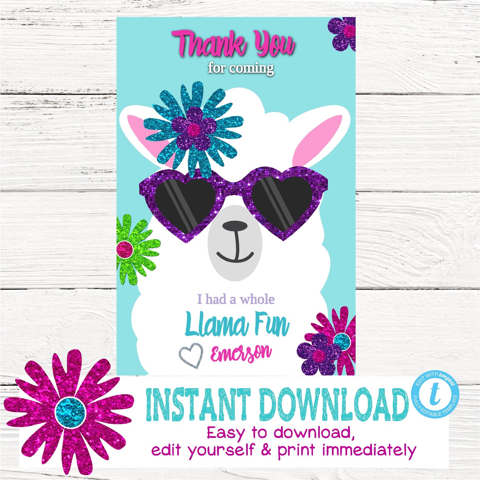 LLAMA Birthday Thank You Card Fiesta Llama Thank You Glitter - Etsy